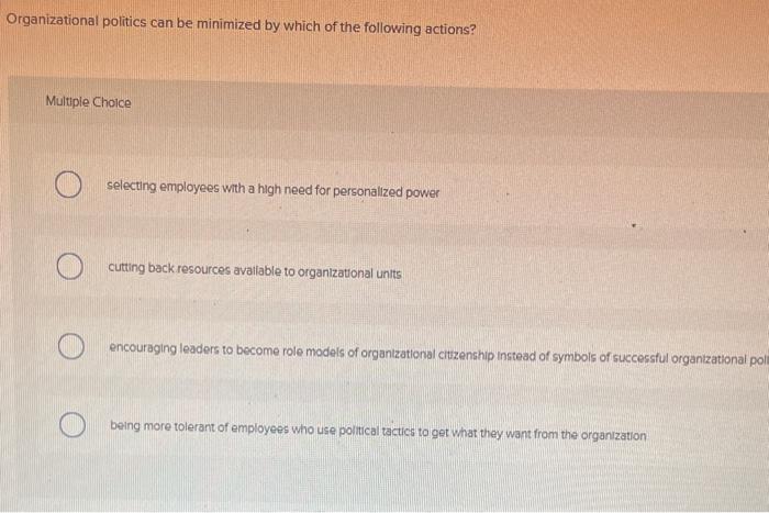 Solved Organizational politics can be minimized by which of | Chegg.com