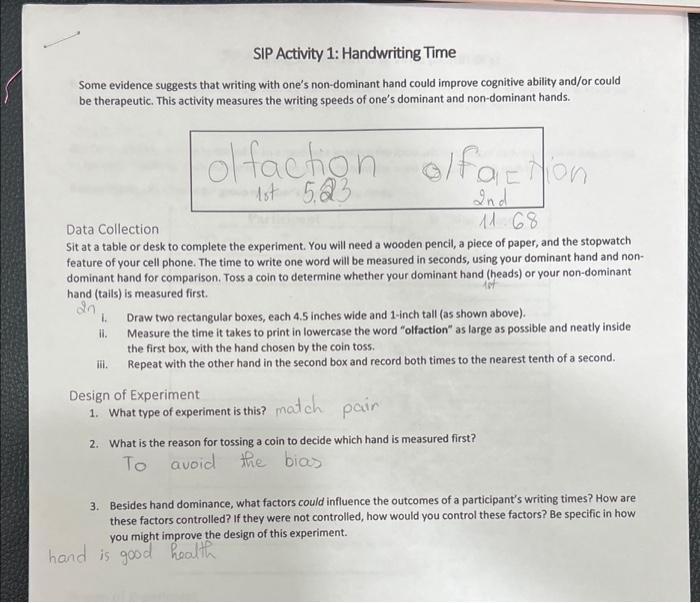 Solved SIP Activity 1: Handwriting Time Some evidence | Chegg.com
