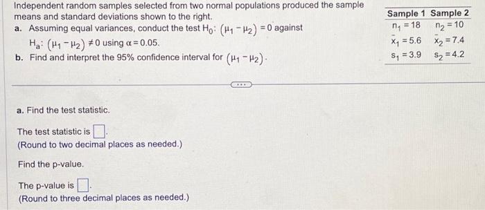 Solved Independent random samples selected from two normal | Chegg.com