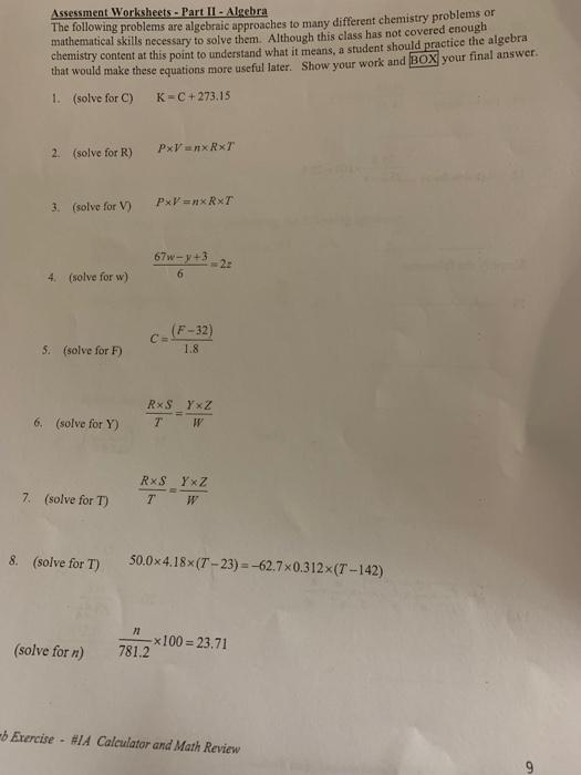 Solved Assessment Worksheets - Part I-Calculator Use: To | Chegg.com