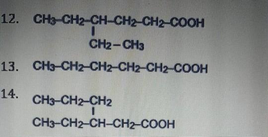 Solved 12. CH3-CH2-CH-CH2-CH2-COOH CH2-CH3 13. | Chegg.com