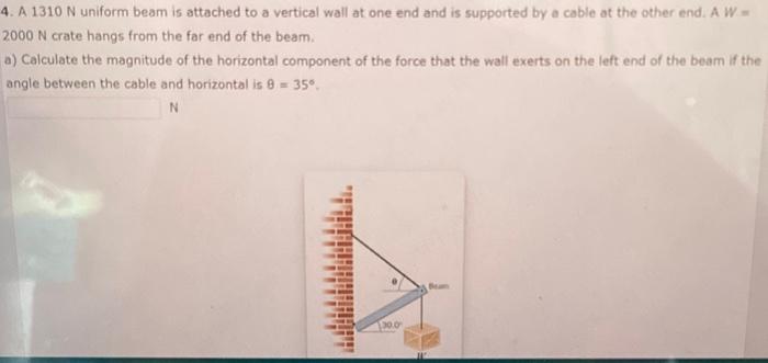Solved 4. A 1310 N undorth beam is afteched to a vertical | Chegg.com