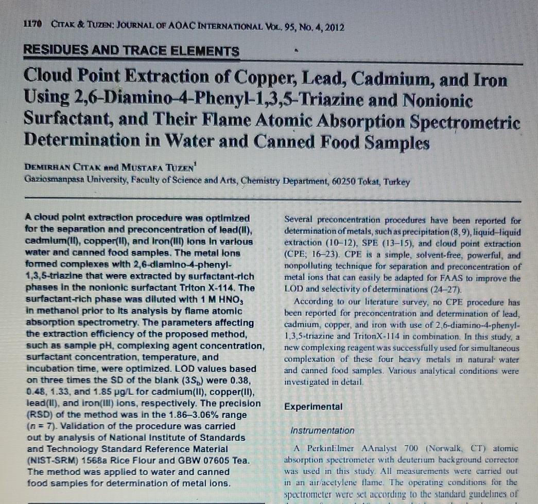 CITAK & TUZEN. JOURNAL OF AOAC INTERNATIONAL VOL. 95, | Chegg.com