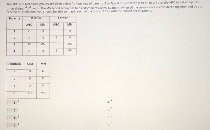 Solved The ABO and MN blood groups are given below for four | Chegg.com