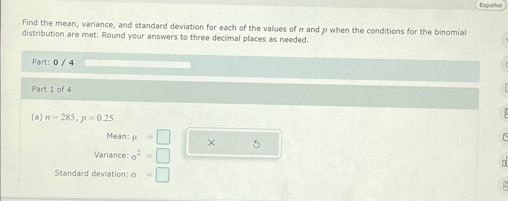 Solved EspañolFind the mean, variance, and standard | Chegg.com