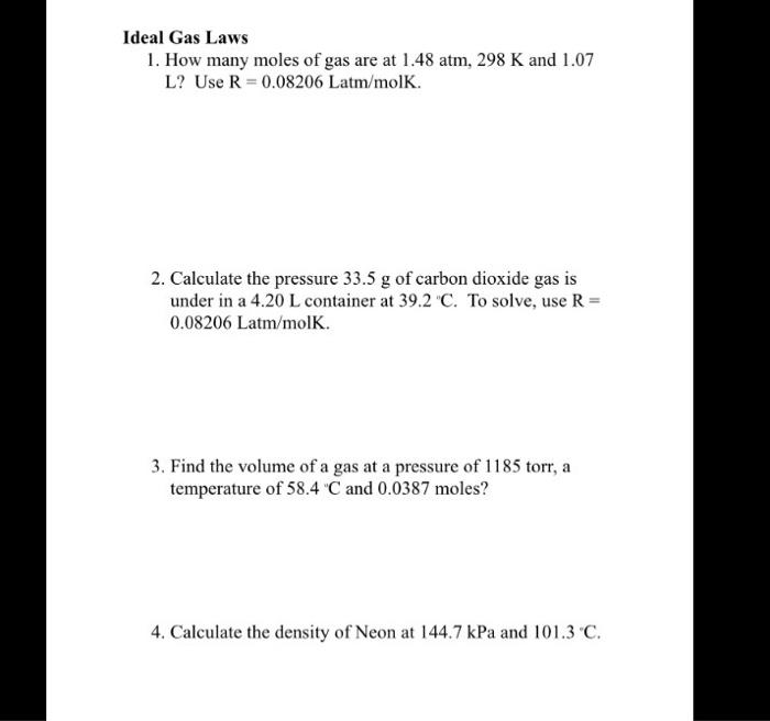 Solved Ideal Gas Laws 1. How many moles of gas are at 1.48 | Chegg.com