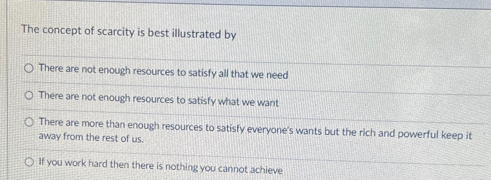 Solved The concept of scarcity is best illustrated byThere | Chegg.com