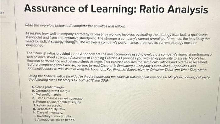 Solved Assurance of Learning: Ratio Analysis Read the | Chegg.com