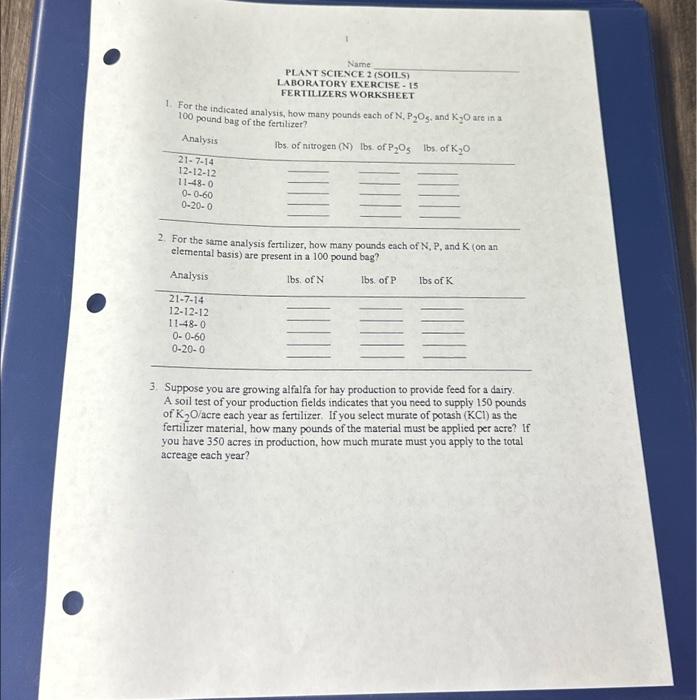 Name: PLANT SCIENCE 2 (SOILS) LABORATORY EXERCISE - | Chegg.com
