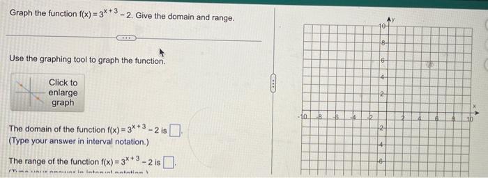 Solved Graph the function f(x)=3x+3−2. Give the domain and | Chegg.com