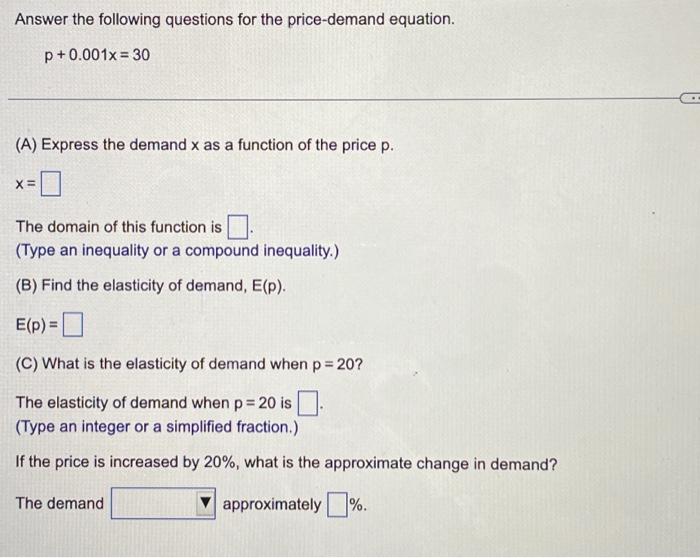 Answer the following questions for the price-demand | Chegg.com
