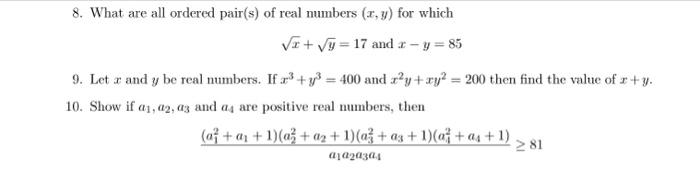 Solved 8. What are all ordered pair(s) of real numbers (x,y) | Chegg.com