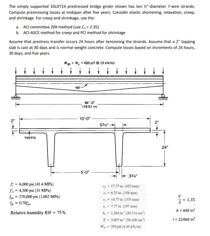Solved The simply supported 10LDT24 ﻿prestressed bridge | Chegg.com
