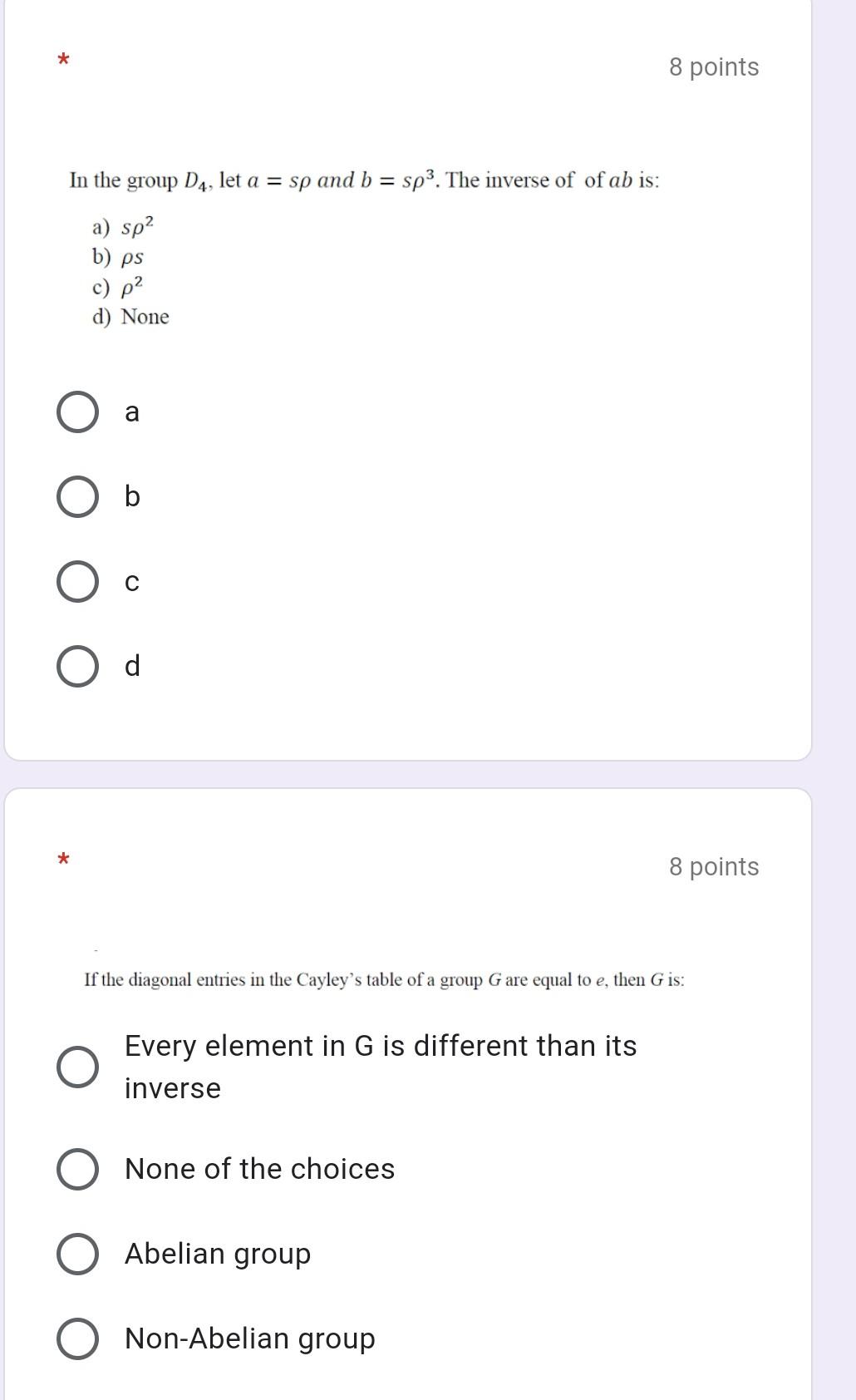 Solved * 8 points In the group D4, let a = sp and b = sp3. | Chegg.com