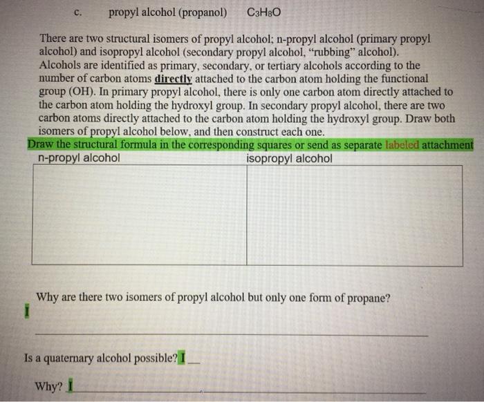 Solved C. propyl alcohol (propanol) C3H8O There are two | Chegg.com