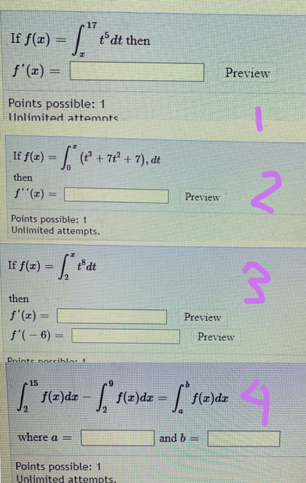 Solved If f(x) = ť dt then f'(x) = Preview Points possible: | Chegg.com