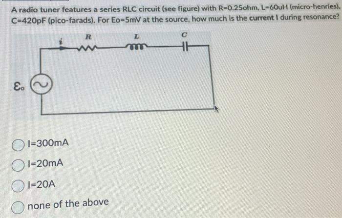 Solved A radio tuner features a series RLC circuit (see | Chegg.com