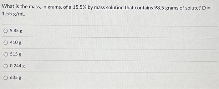 Solved What is the mass, in grams, of a 15.5% by mass | Chegg.com