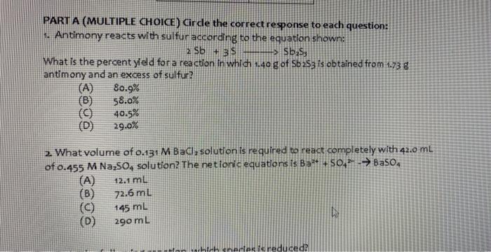 Solved PART A (MULTIPLE CHOICE) Circle the correct response | Chegg.com