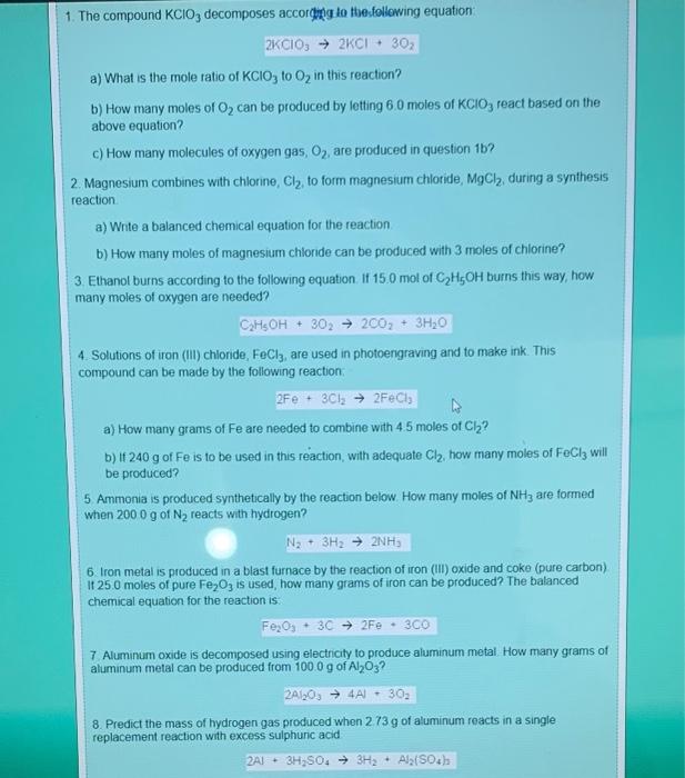 Solved 1. The compound KCIO, decomposes according to the | Chegg.com