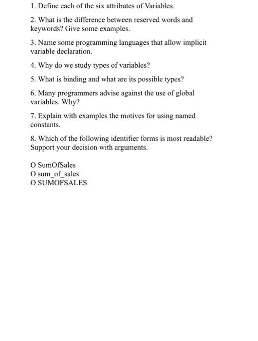 Solved 1. Define each of the six attributes of Variables. 2. | Chegg.com