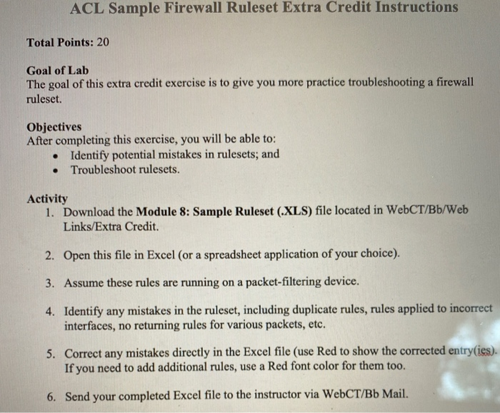 ACL Sample Firewall Ruleset Extra Credit Instructions | Chegg.com