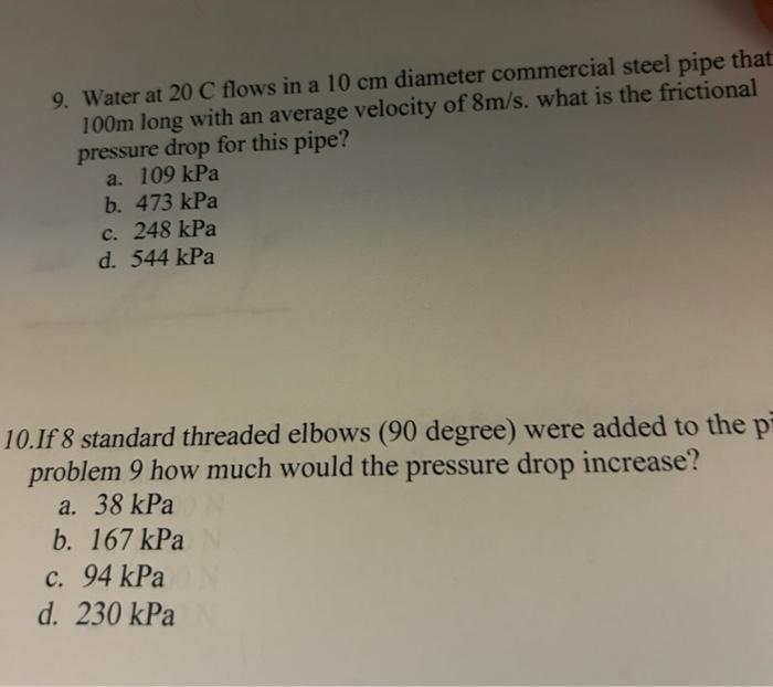 Solved 9. Water at 20C flows in a 10 cm diameter commercial | Chegg.com