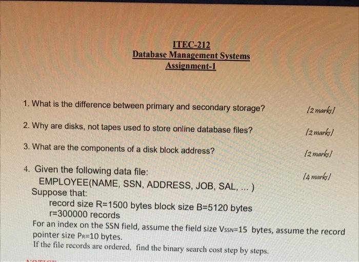 Solved ITEC-212 Database Management Systems Assignment-1 1. | Chegg.com