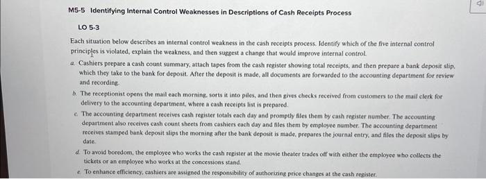 Solved M5-5 Identifying Internal Control Weaknesses in | Chegg.com