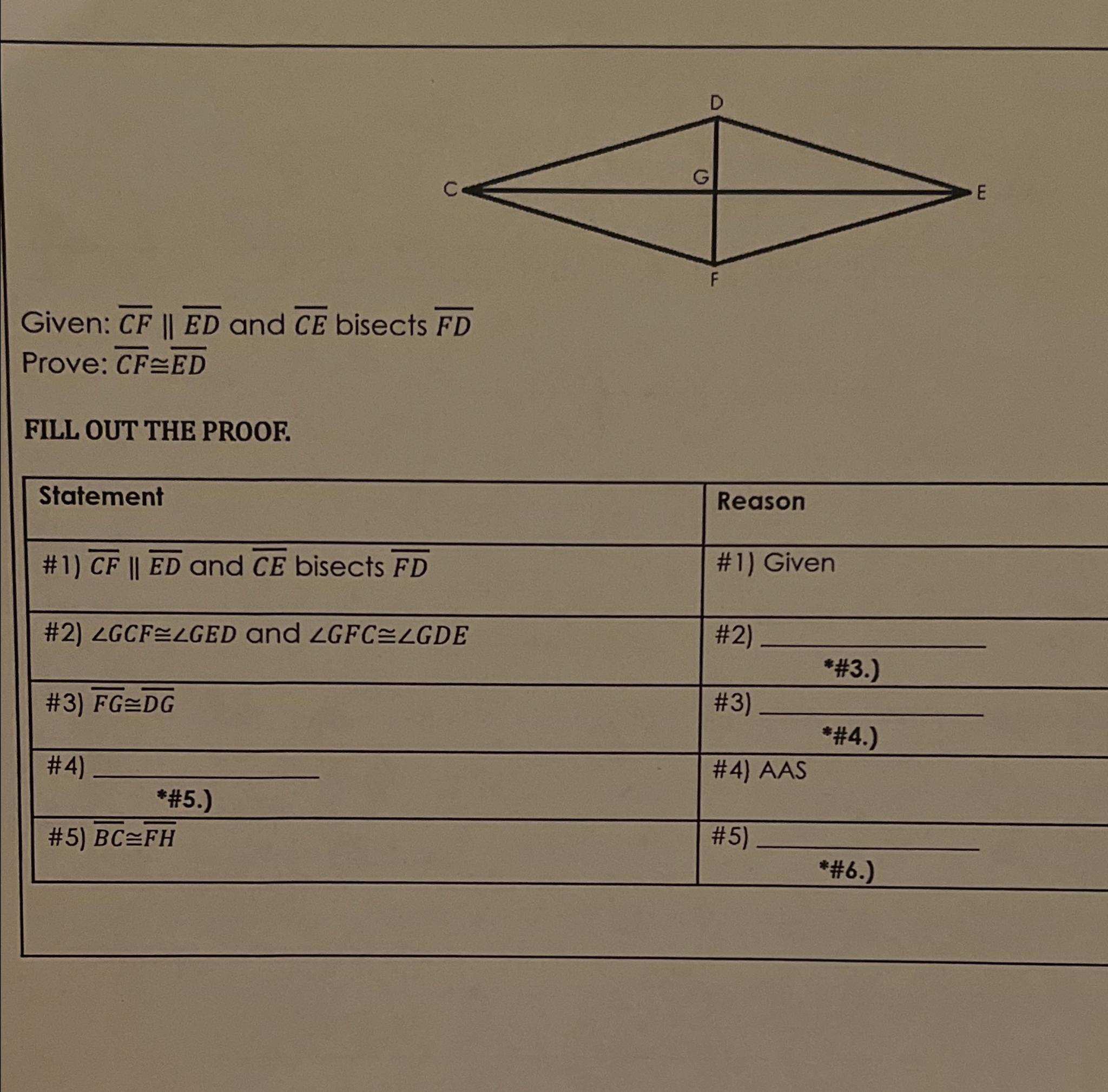 Solved Given: |)/(b| ﻿and ?bar (CE) ﻿bisects ?bar (FD)Prove: | Chegg.com