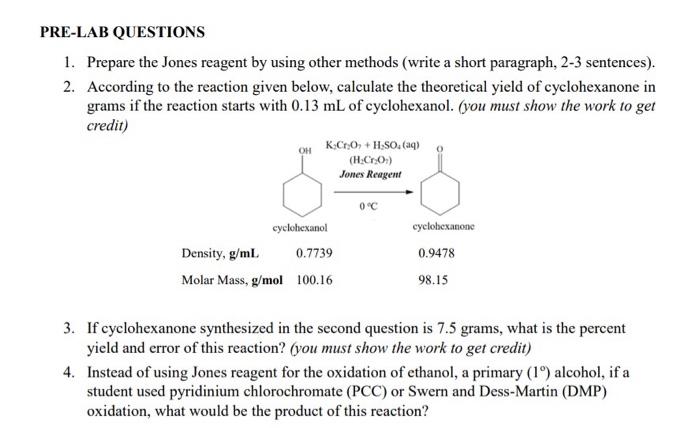 Solved RE-LAB QUESTIONS 1. Prepare the Jones reagent by | Chegg.com