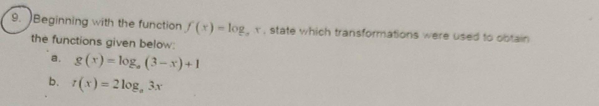 Solved 9. Beginning with the function f(x)=log0x. state | Chegg.com