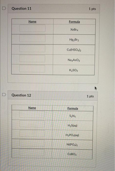 Solved D Question 11 1 pts Name Formula XeBra Hg2Br2 | Chegg.com