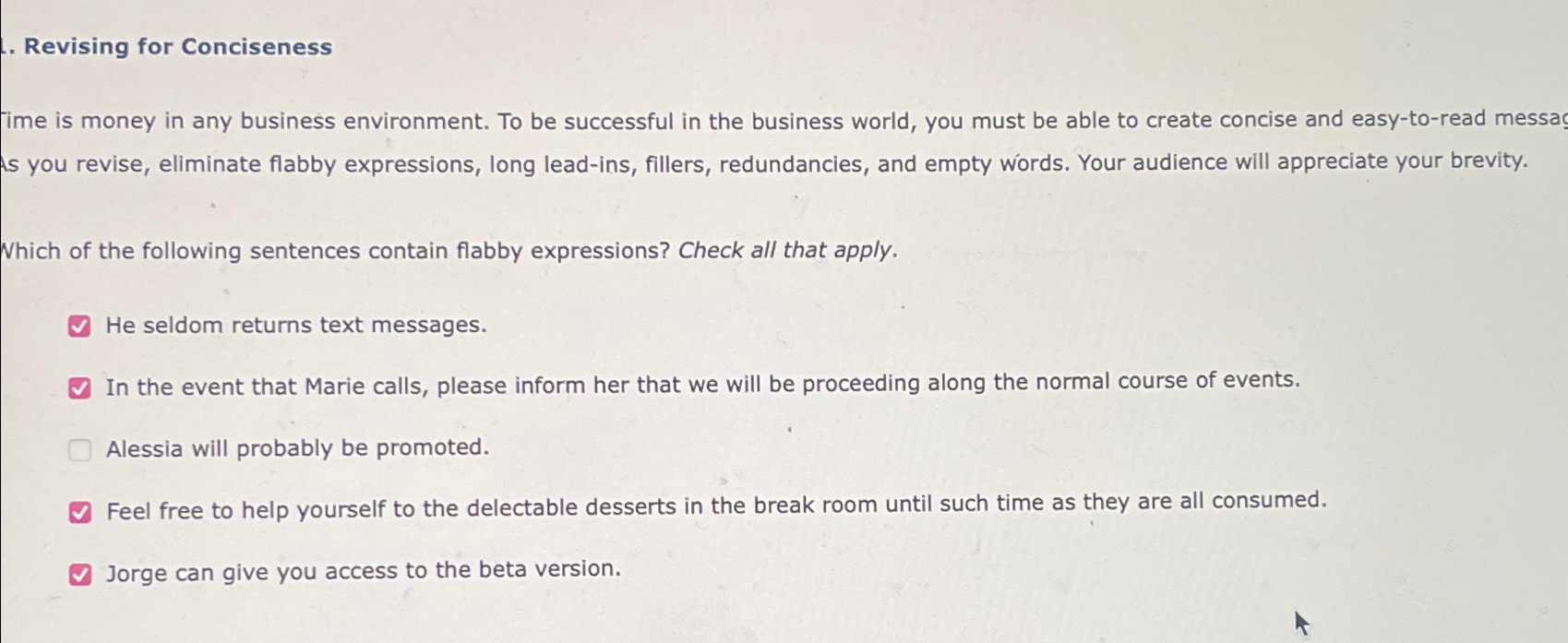 Solved Revising for Conciseness-ime is money in any business | Chegg.com