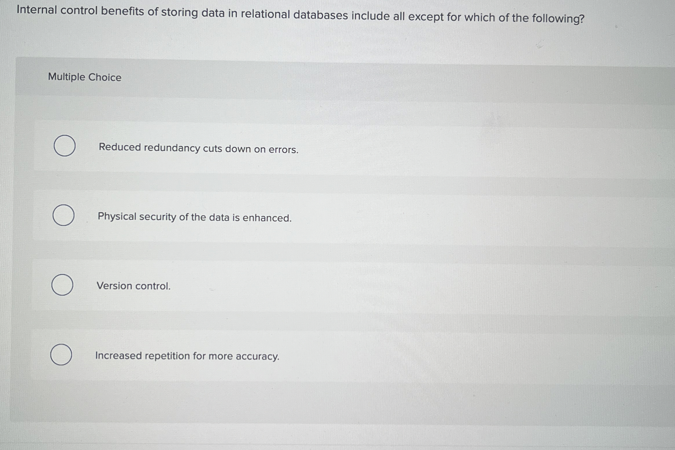 Solved Internal control benefits of storing data in | Chegg.com