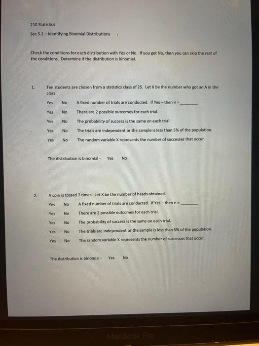 Solved 210 Statistics Sec 5.2 -Identifying Binomial | Chegg.com