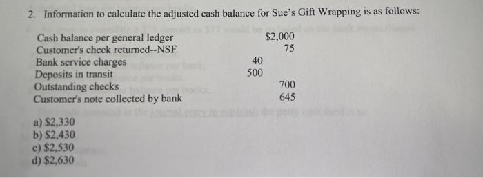 Solved 2. Information to calculate the adjusted cash balance | Chegg.com