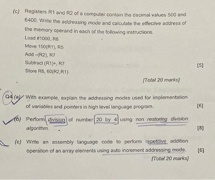 Solved (c) Registers R1 and R2 of a computer contain the | Chegg.com