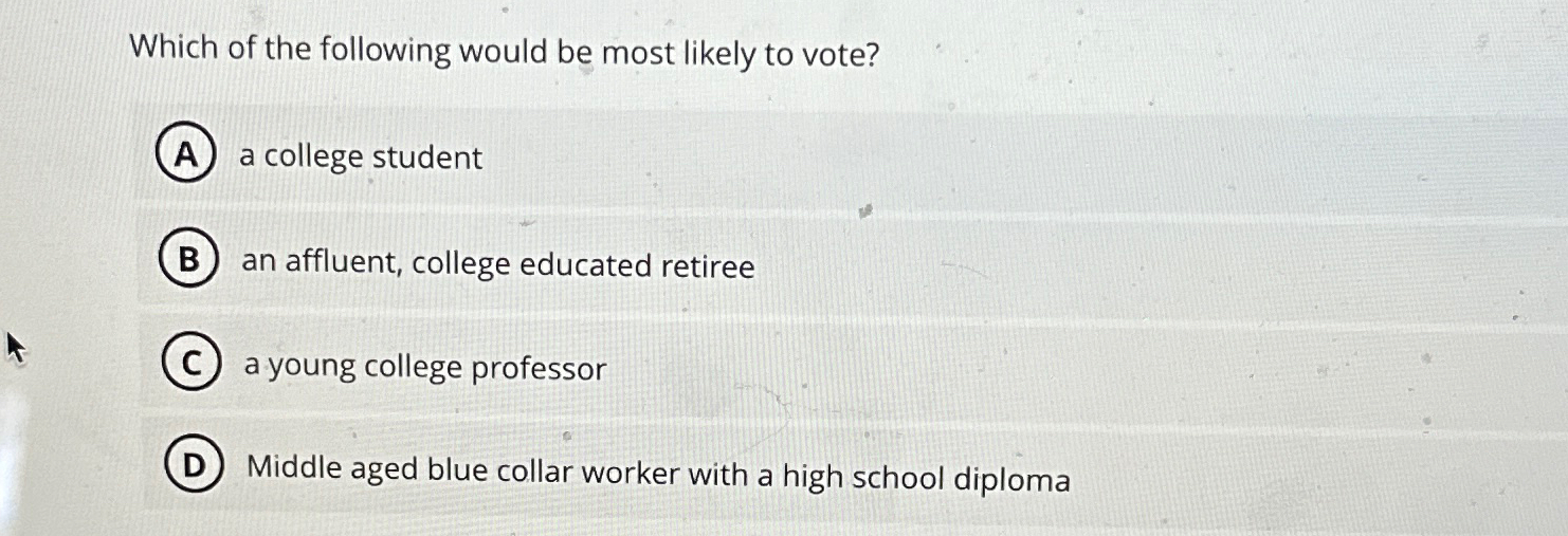 Solved Which of the following would be most likely to vote?a | Chegg.com