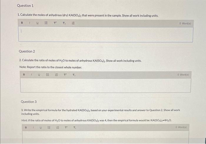 Solved 1. Calculate the moles of anhydrous (dry) KAl(SO4)2 | Chegg.com