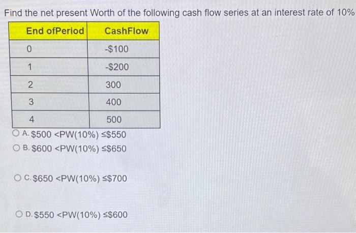 Solved Find the net present Worth of the following cash flow | Chegg.com