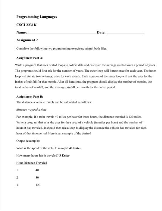 Solved Programming Languages CSCI 2231 K Name: Date: | Chegg.com