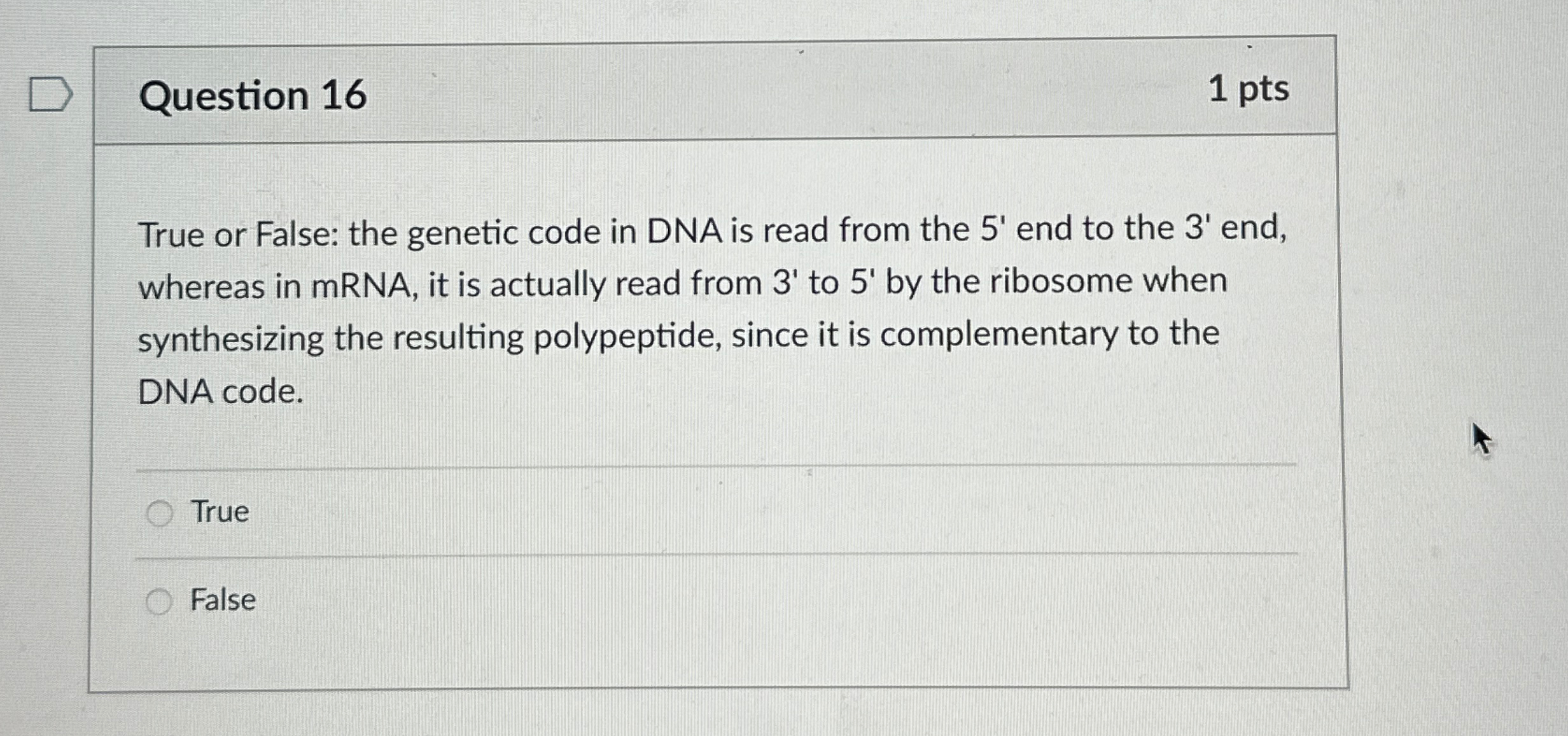 Solved Question 161 ﻿ptsTrue or False: the genetic code in | Chegg.com