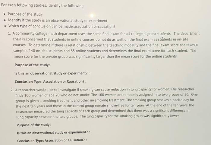 Solved For each following studies, identify the following: | Chegg.com