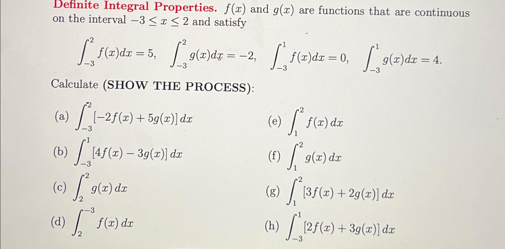 Solved Definite Integral Properties. f(x) ﻿and g(x) ﻿are | Chegg.com