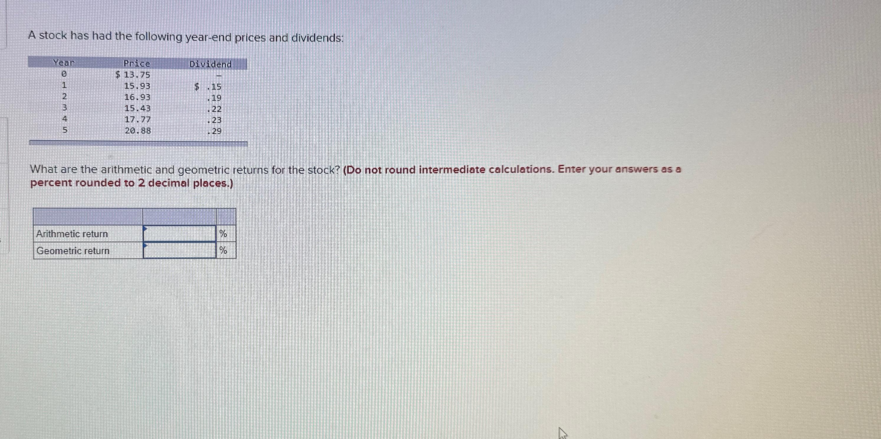 Solved A stock has had the following year-end prices and | Chegg.com
