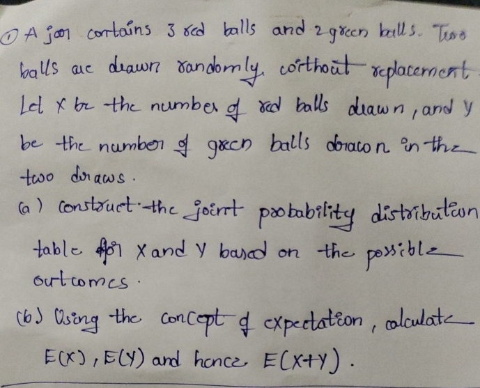 Solved (1) ﻿A jor contains 3 ﻿red balls and 2 ﻿green balls. | Chegg.com