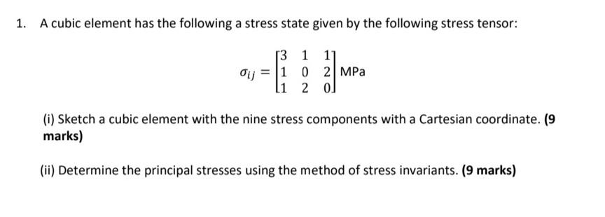 Solved A cubic element has the following a stress state | Chegg.com