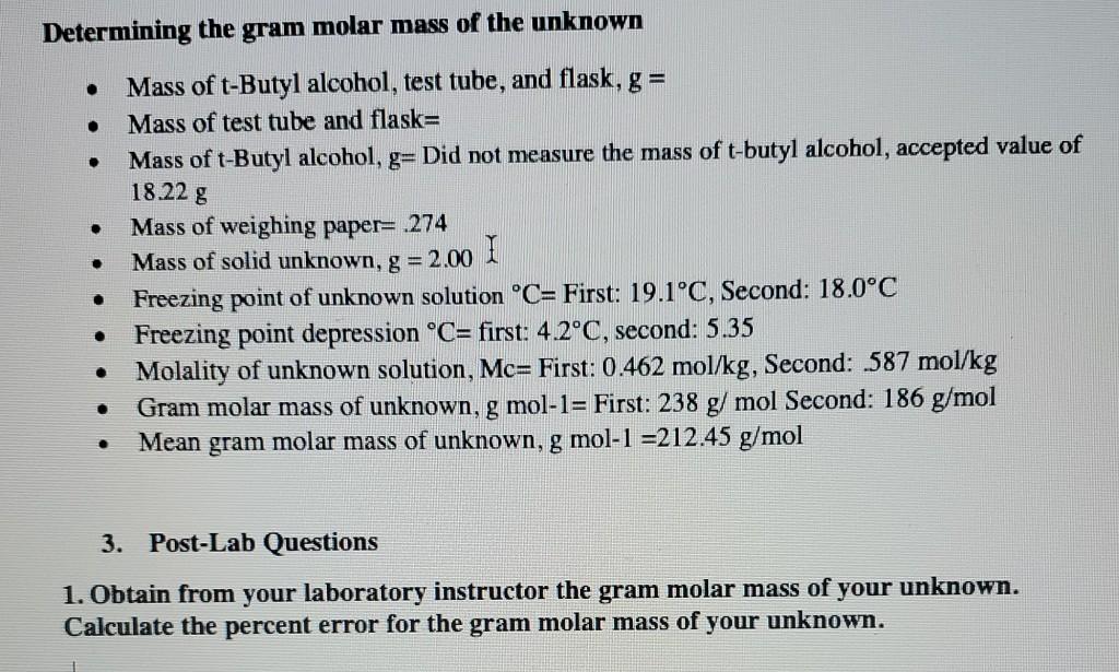 Solved Determining the gram molar mass of the unknown . . . | Chegg.com
