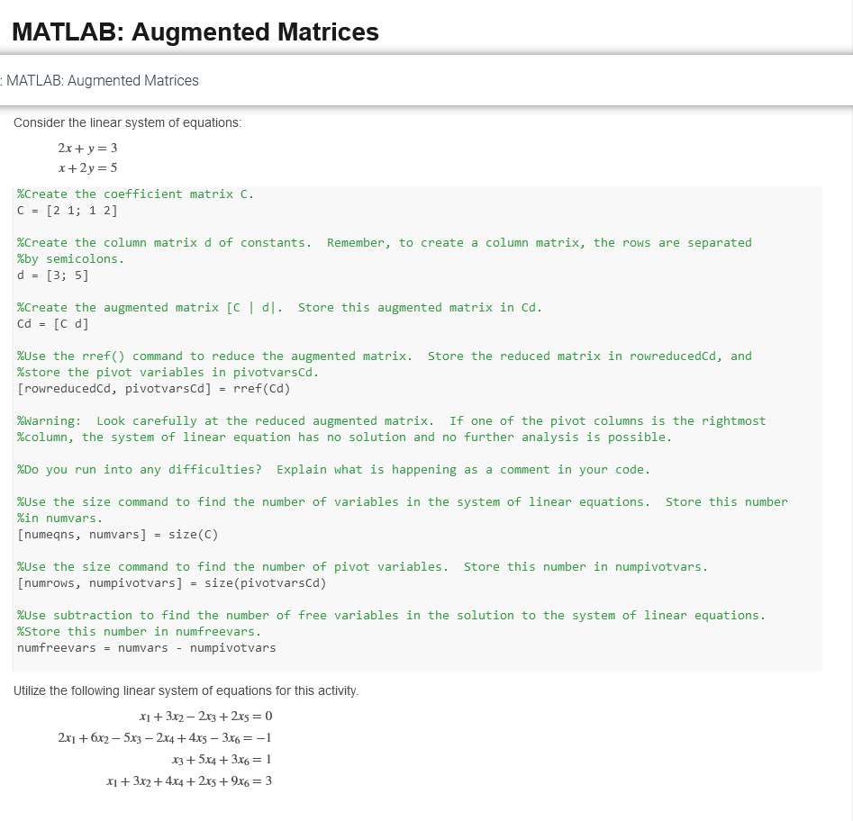 Solved Utilize the following linear system of equations for | Chegg.com